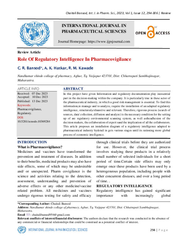 (PDF) Role Of Regulatory Intelligence In Pharmacovigilance