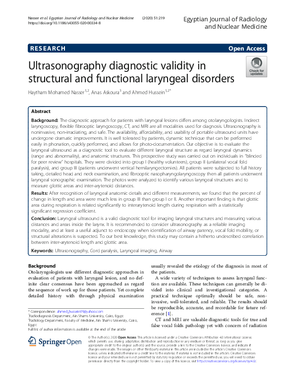 (PDF) Ultrasonography diagnostic validity in structural and functional laryngeal disorders