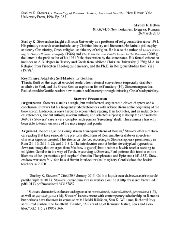 (PDF) Review of Stanley K. Stowers, A Rereading of Romans: Justice ...