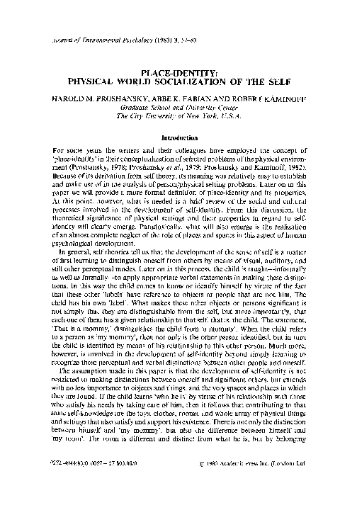 (PDF) PLACE-IDENTITY: PHYSICAL WORLD SOCIALIZATION OF THE SELF