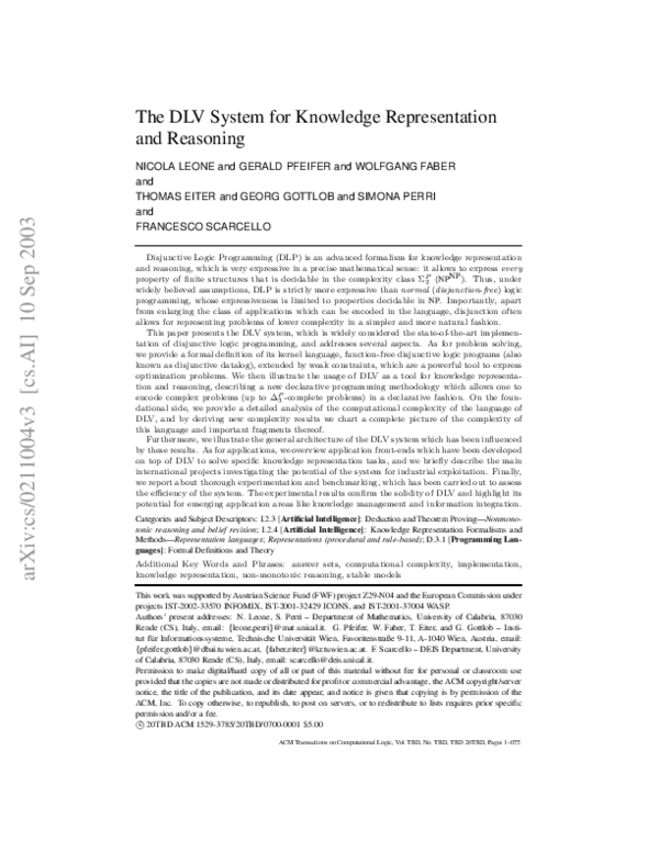 (PDF) The DLV system for knowledge representation and reasoning