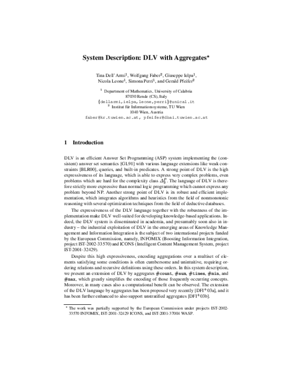 (PDF) System Description: DLV with Aggregates