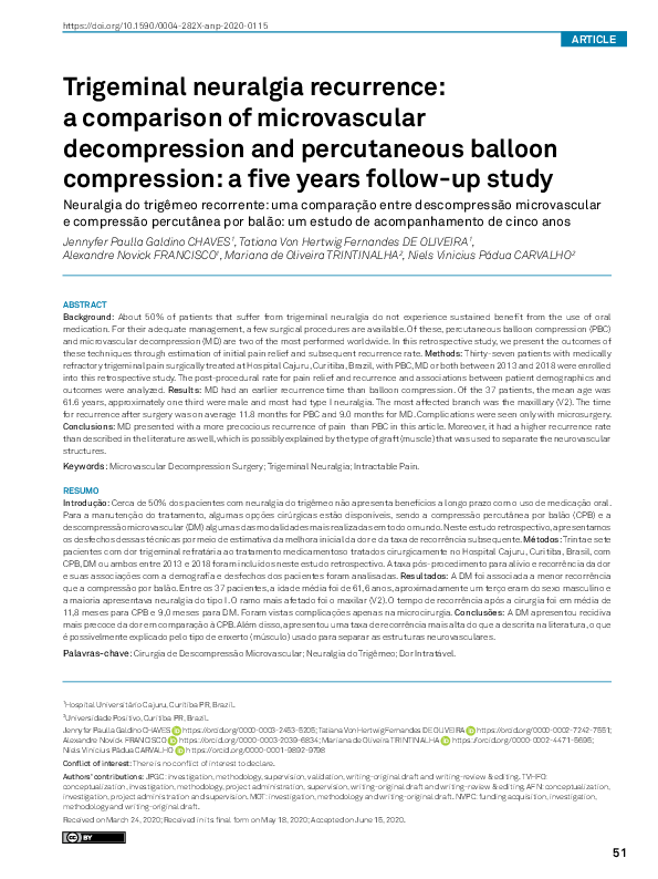 (PDF) Trigeminal neuralgia recurrence: a comparison of microvascular ...