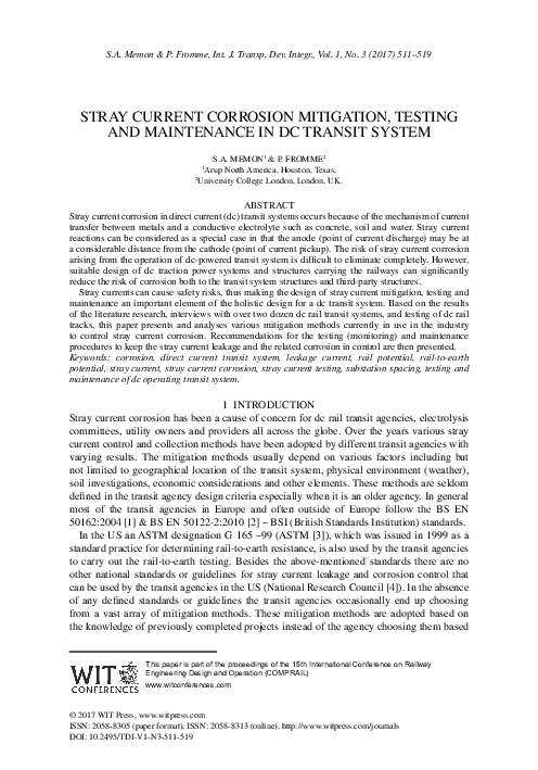 (PDF) Stray Current Corrosion Mitigation, Testing and Maintenance in DC ...