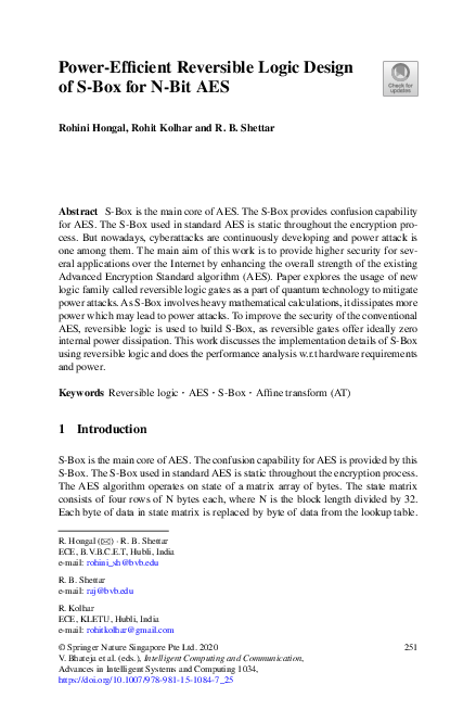 Pdf Power Efficient Reversible Logic Design Of S Box For N Bit Aes