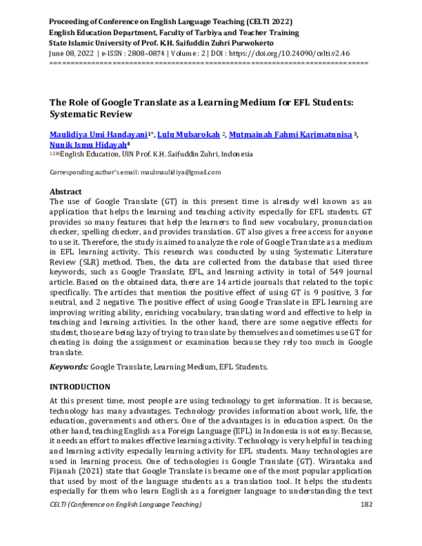 (PDF) The Role of Google Translate as a Learning Medium for EFL ...