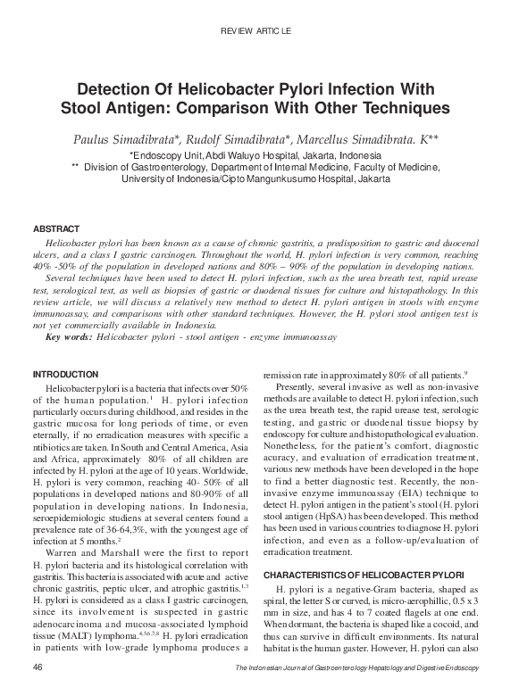 (PDF) Detection Of Helicobacter Pylori Infection With Stool Antigen ...