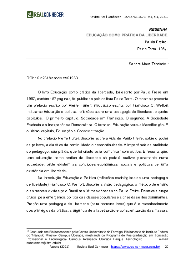 (PDF) Resenha Educação Como Prática Da Liberdade