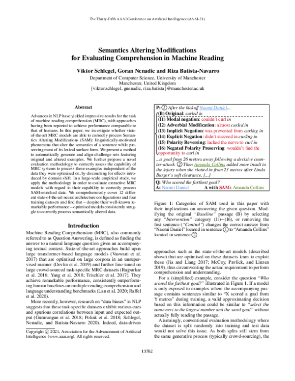 (PDF) Semantics Altering Modifications for Evaluating Comprehension in Machine Reading | Goran ...