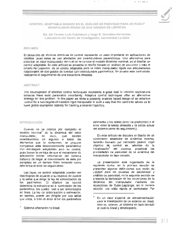 (PDF) Control Adaptable Basado en El Análisis De Pasividad Para Un Robot Manipulador Rígido De ...