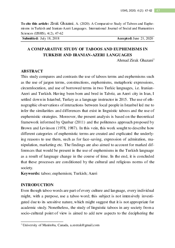 (PDF) A Comparative Study of Taboos and Euphemisms in Turkish and Iranian-Azeri Languages