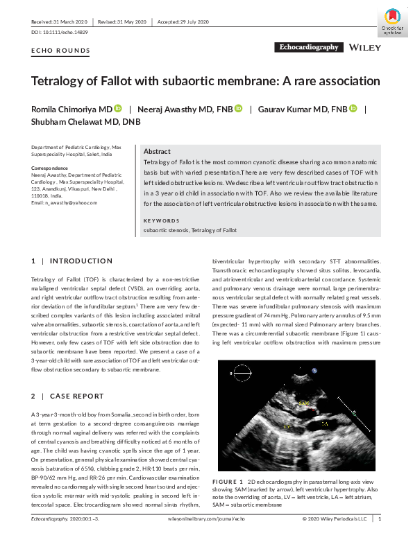 (PDF) Tetralogy of Fallot with subaortic membrane: A rare association | NEERAJ AWASTHY ...