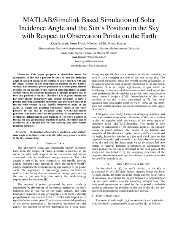 (PDF) MATLAB/simulink based simulation of solar incidence angle and the sun's position in the ...