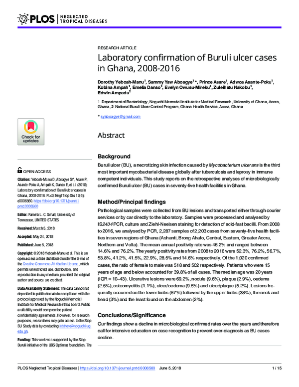 (PDF) Laboratory confirmation of Buruli ulcer cases in Ghana, 2008-2016 | Dorothy Yeboah-Manu ...