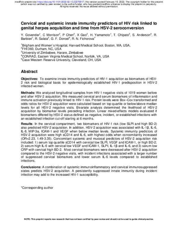 (PDF) Cervical and systemic innate immunity predictors of HIV risk ...