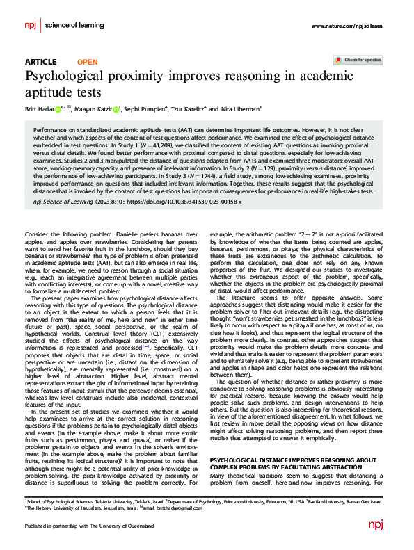 (PDF) Psychological proximity improves reasoning in academic aptitude tests