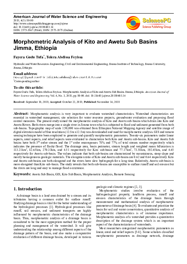 (PDF) Morphometric Analysis of Kito and Awetu Sub Basins Jimma, Ethiopia