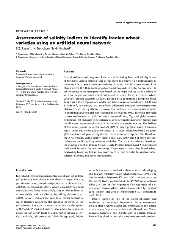 (PDF) Assessment of salinity indices to identify Iranian wheat varieties using an artificial ...