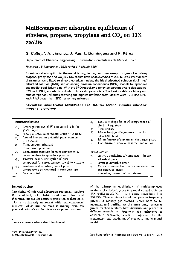 (PDF) Multicomponent adsorption equilibrium of ethylene, propane, propylene and CO2 on 13X zeolite