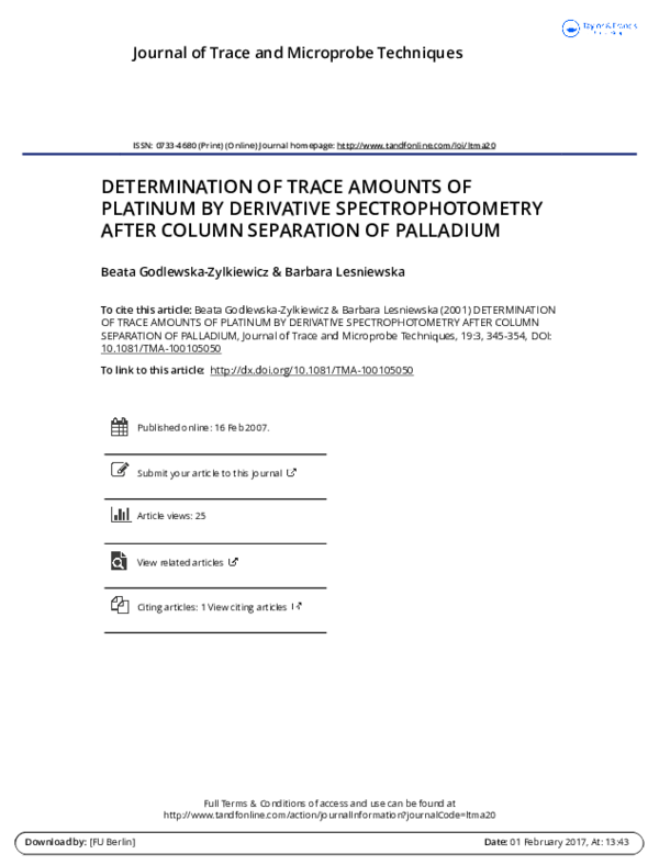 Pdf Determination Of Trace Amounts Of Platinum By Derivative Spectrophotometry After Column