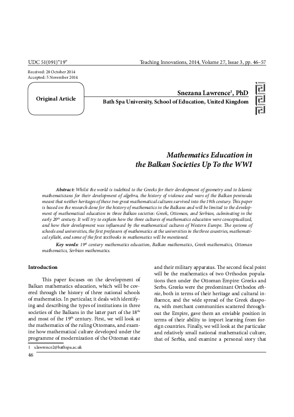 (PDF) Mathematics education in the Balkan societies up to the WWI