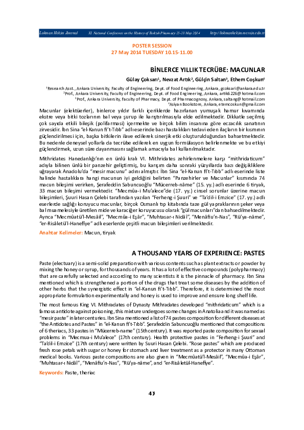 (PDF) Binlerce Yıllık Tecrübe: Macunlar