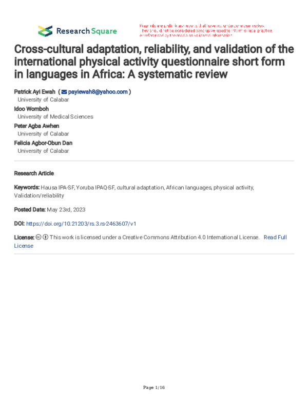 (PDF) Cross-cultural adaptation, reliability, and validation of the international physical ...