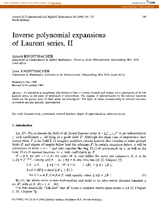 (PDF) Inverse polynomial expansions of Laurent series, II