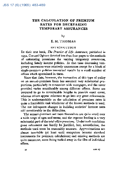 (PDF) The Calculation of Premium Rates for Decreasing Temporary Assurances