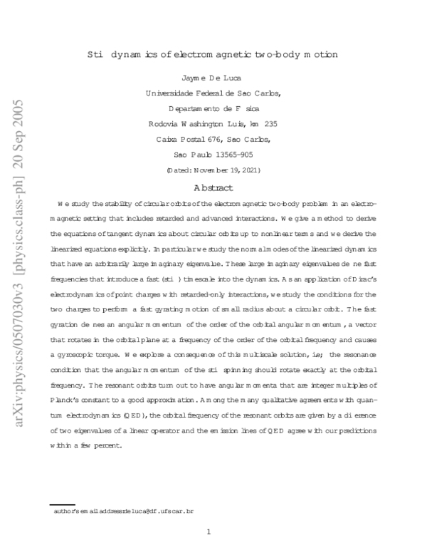 (PDF) Stiff dynamics of electromagnetic two-body motion
