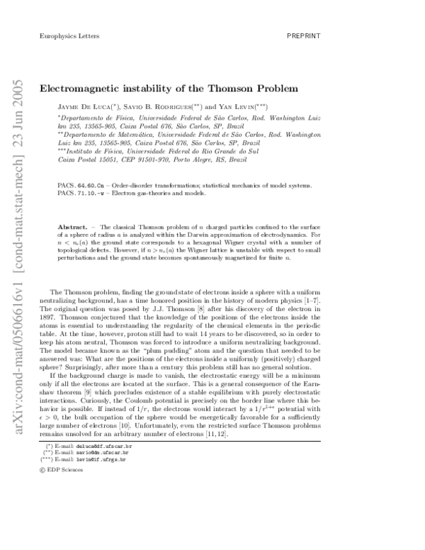 (PDF) Electromagnetic instability of the Thomson problem | Jayme V De ...