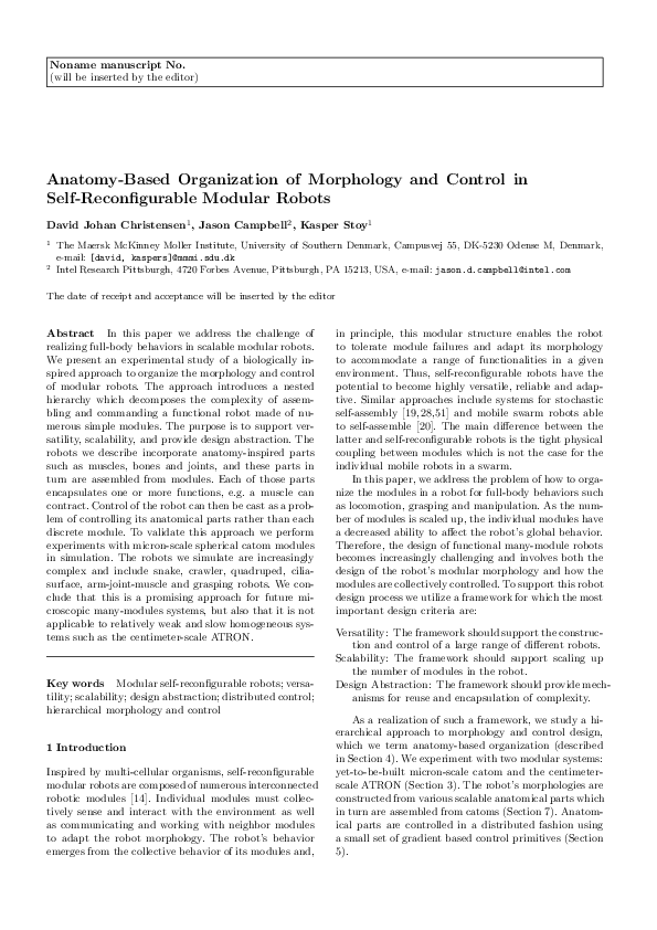 Pdf Anatomy Based Organization Of Morphology And Control In Self