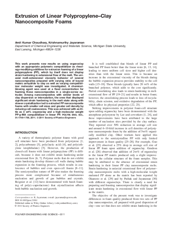 (PDF) Extrusion of linear polypropylene–clay nanocomposite foams