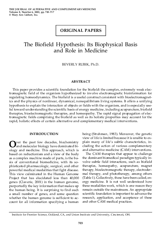 (PDF) The Biofield Hypothesis: Its Biophysical Basis and Role in Medicine