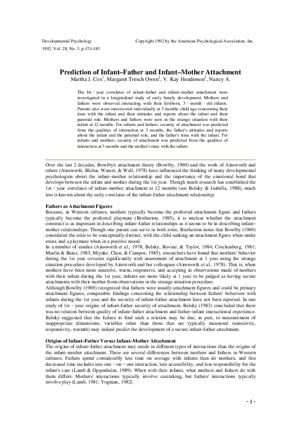 Pdf Prediction Of Infant Father And Infant Mother Attachment
