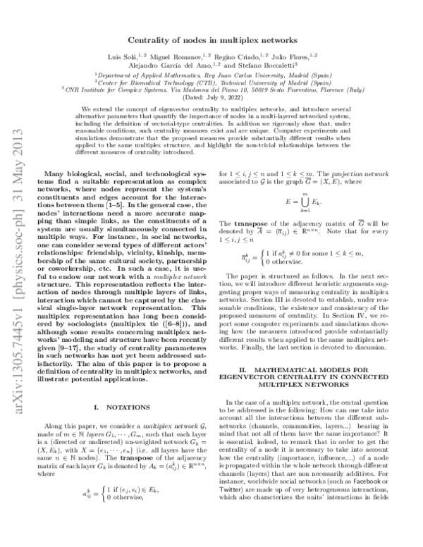 (PDF) Centrality of nodes in multiplex networks