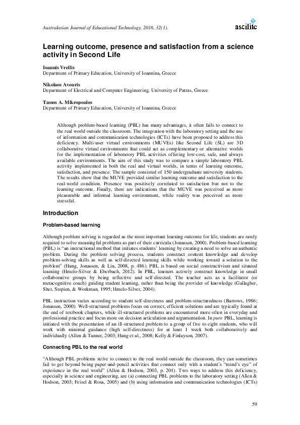 (PDF) Learning outcome, presence and satisfaction from a science ...