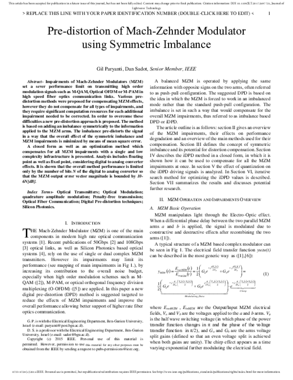 (PDF) Predistortion of Mach–Zehnder Modulator Using Symmetric Imbalance