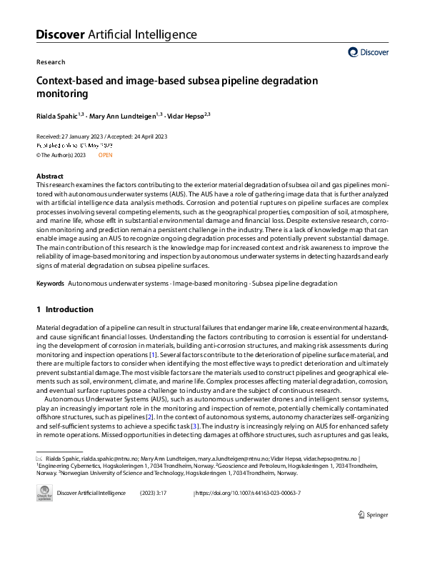 Pdf Context Based And Image Based Subsea Pipeline Degradation Monitoring
