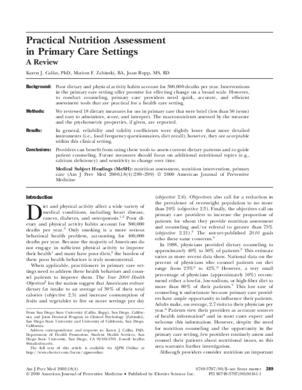(PDF) Practical nutrition assessment in primary care settings
