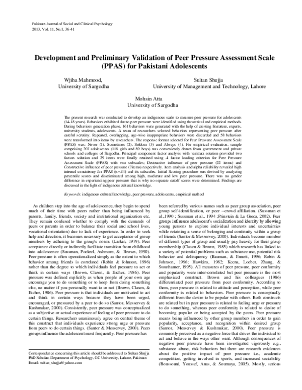 (PDF) Development and Preliminary Validation of Peer Pressure Assessment Scale (PPAS) for ...