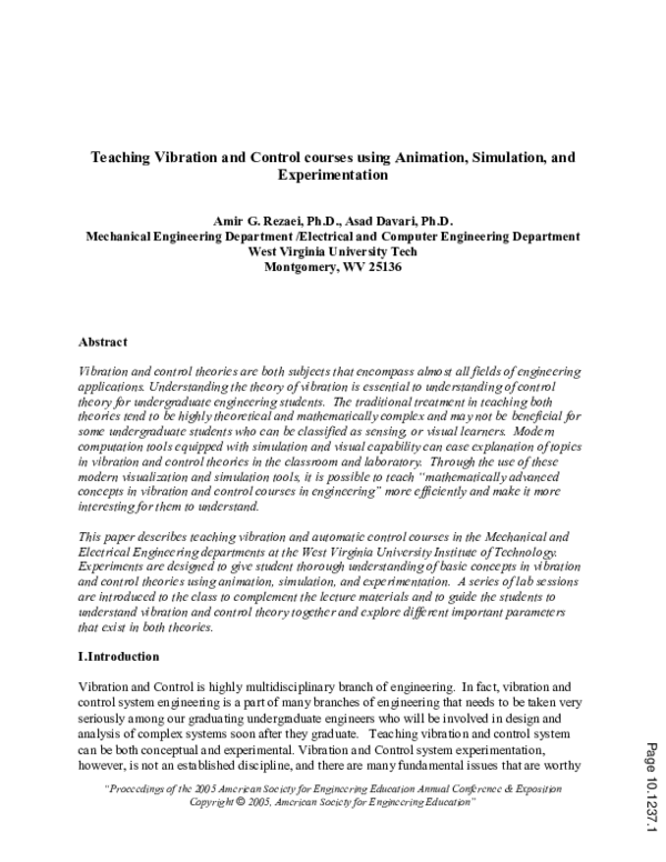 (PDF) Teaching Vibration And Control Courses Using Animation, Simulation, And Experimentation