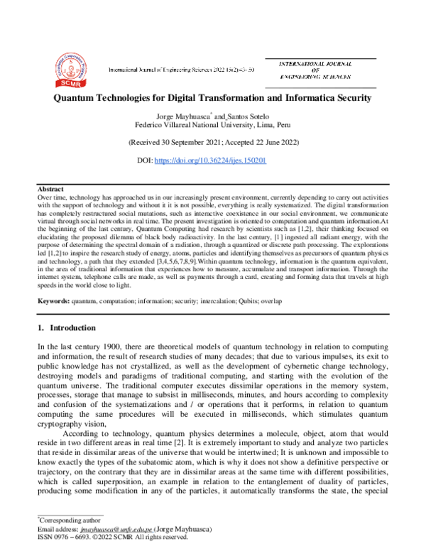 (PDF) Quantum Technologies for Digital Transformation and Informatica Security