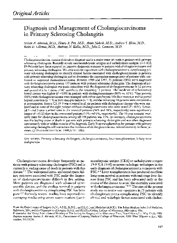 (PDF) Diagnosis and management of cholangiocarcinoma in primary sclerosing cholangitis