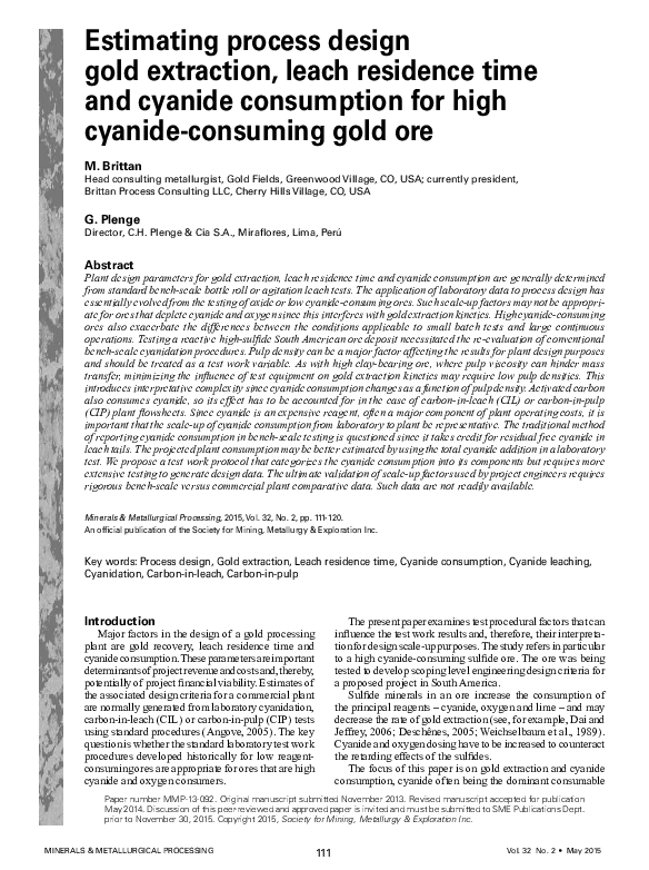 (PDF) Estimating process design gold extraction, leach residence time ...