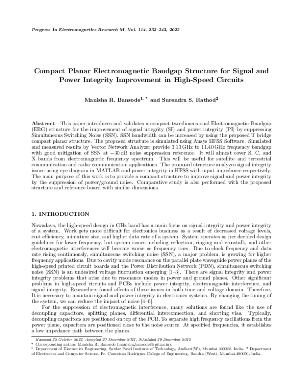 (PDF) Compact Planar Electromagnetic Bandgap Structure for Signal and Power Integrity ...