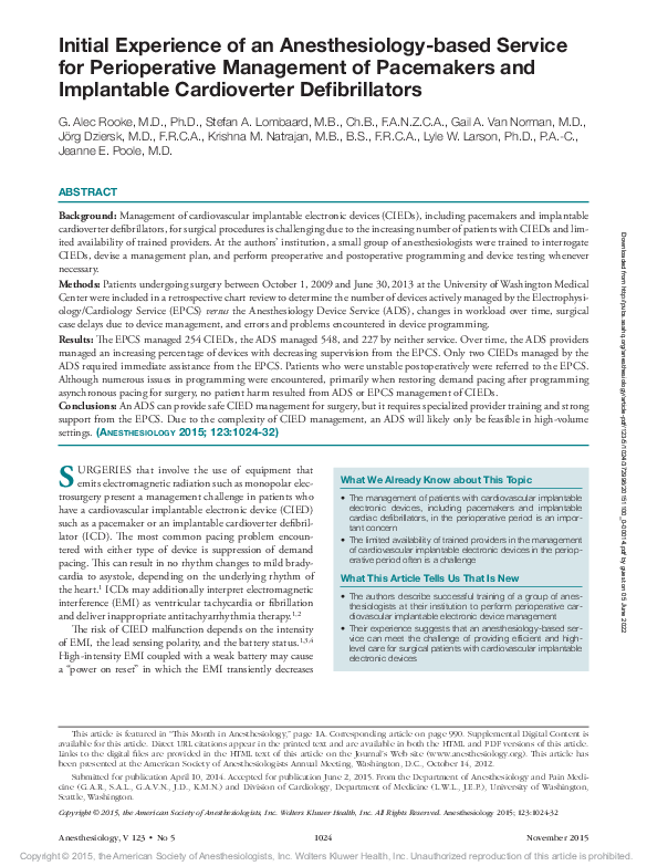 (PDF) Initial Experience of an Anesthesiology-based Service for ...