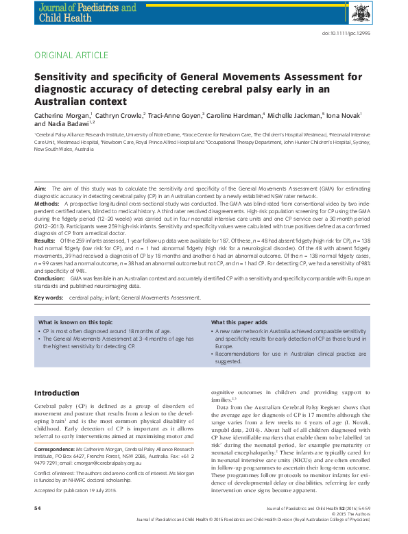(PDF) Sensitivity and specificity of general movements assessment for ...