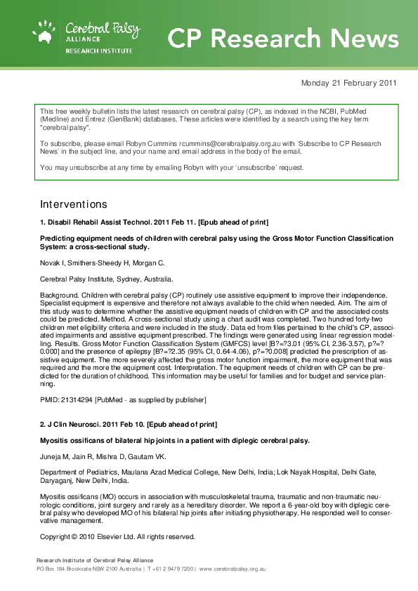 (PDF) Predicting equipment needs of children with cerebral palsy using ...