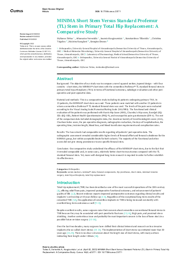 (PDF) MINIMA Short Stem Versus Standard Profemur (TL) Stem in Primary ...